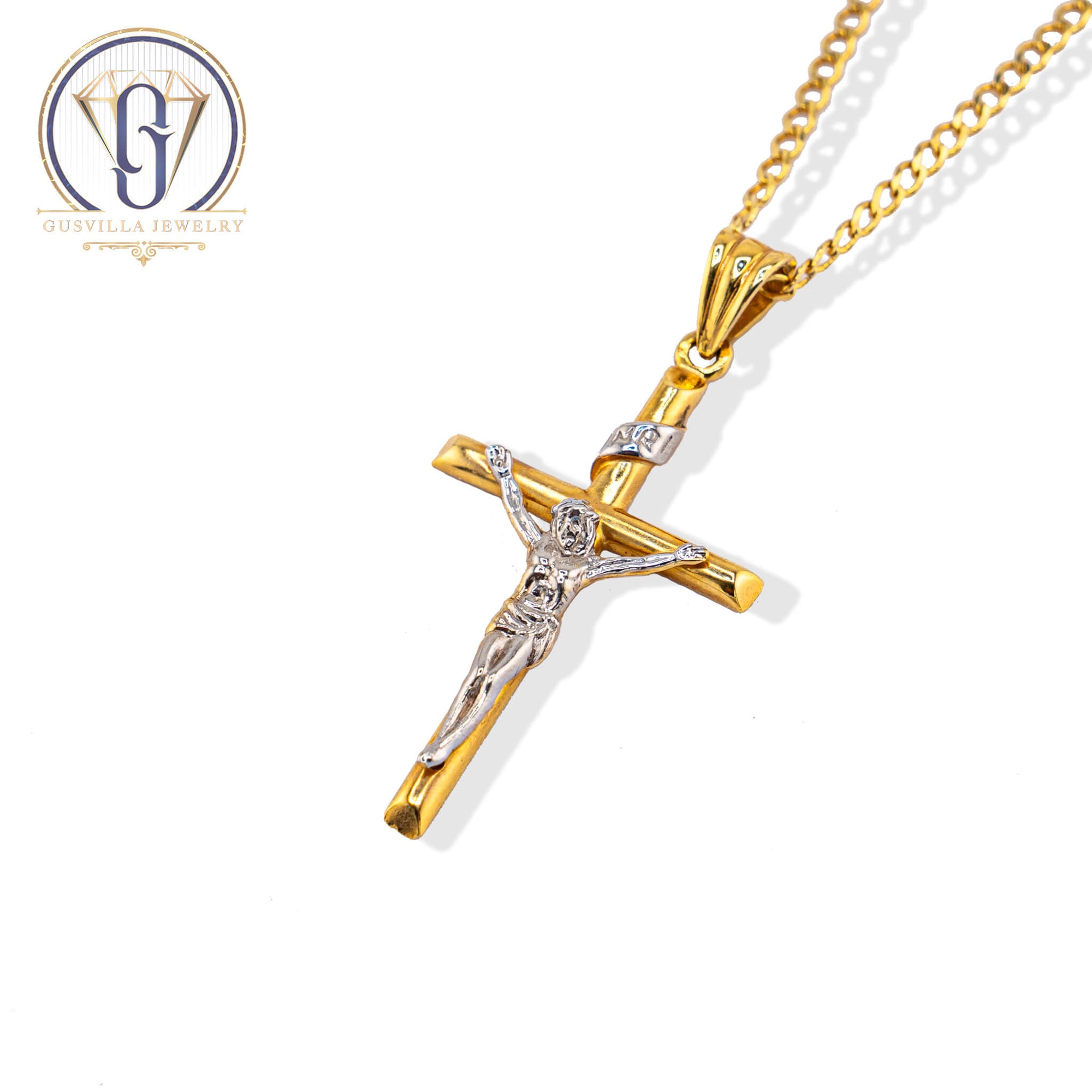 Jesus On A Gold Cross With "INRI" Pendant 14k