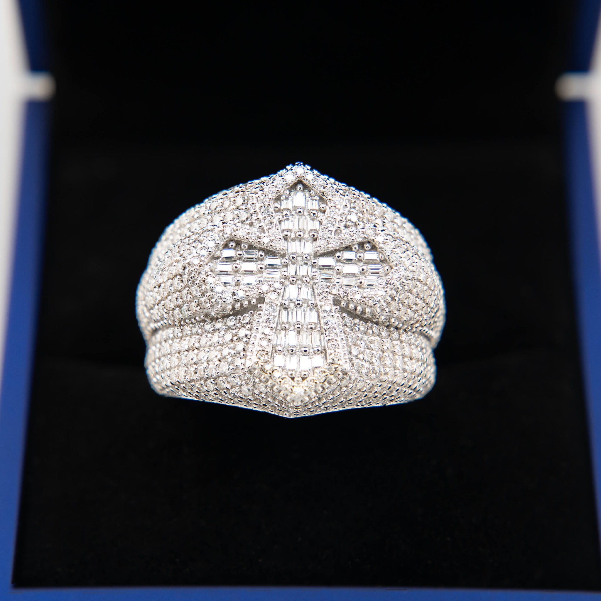 Incrusted Cross Silver Moissanite Ring